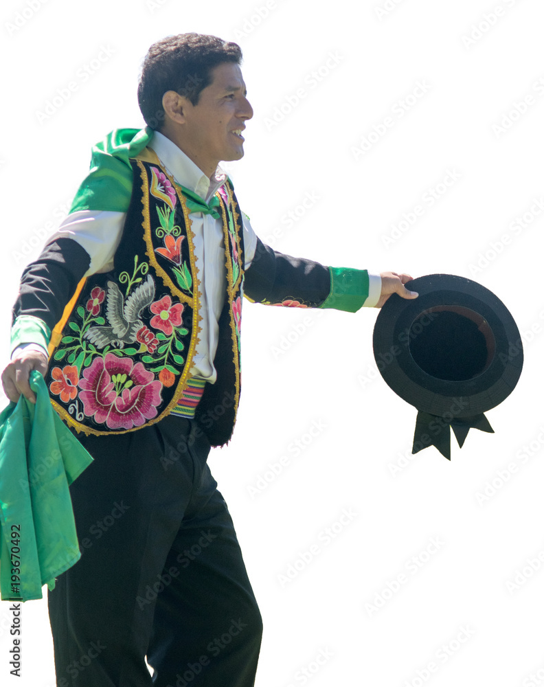 Portrait of a man dancing Huayno, a traditional musical genre typical ...