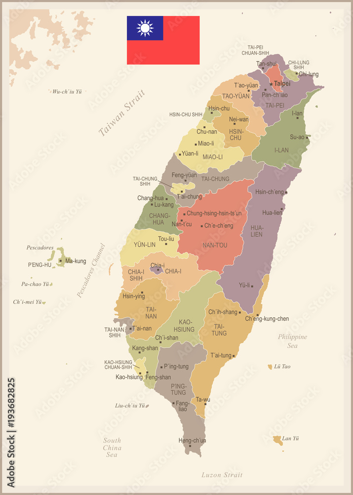 Taiwan - vintage map and flag - Detailed Vector Illustration Stock ...