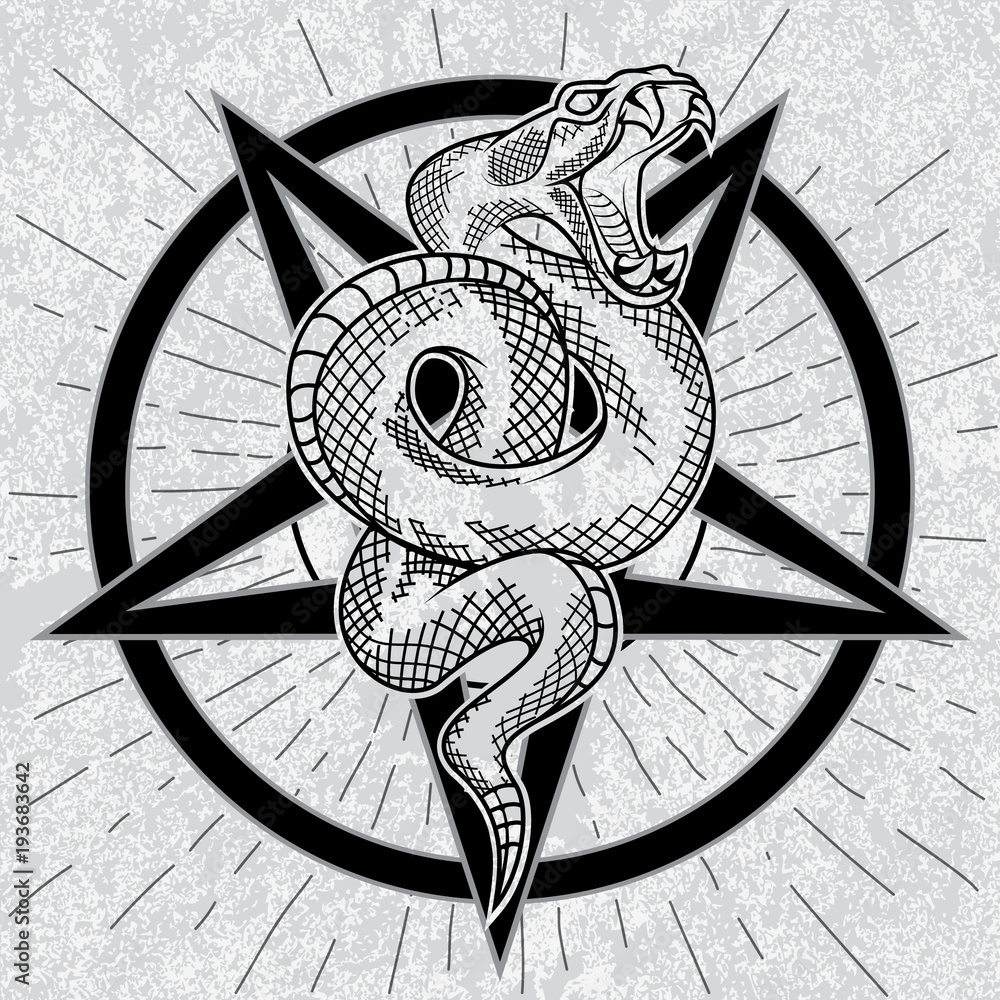 Satanic viper snake in star rays with grunge background. Hand drawn ...
