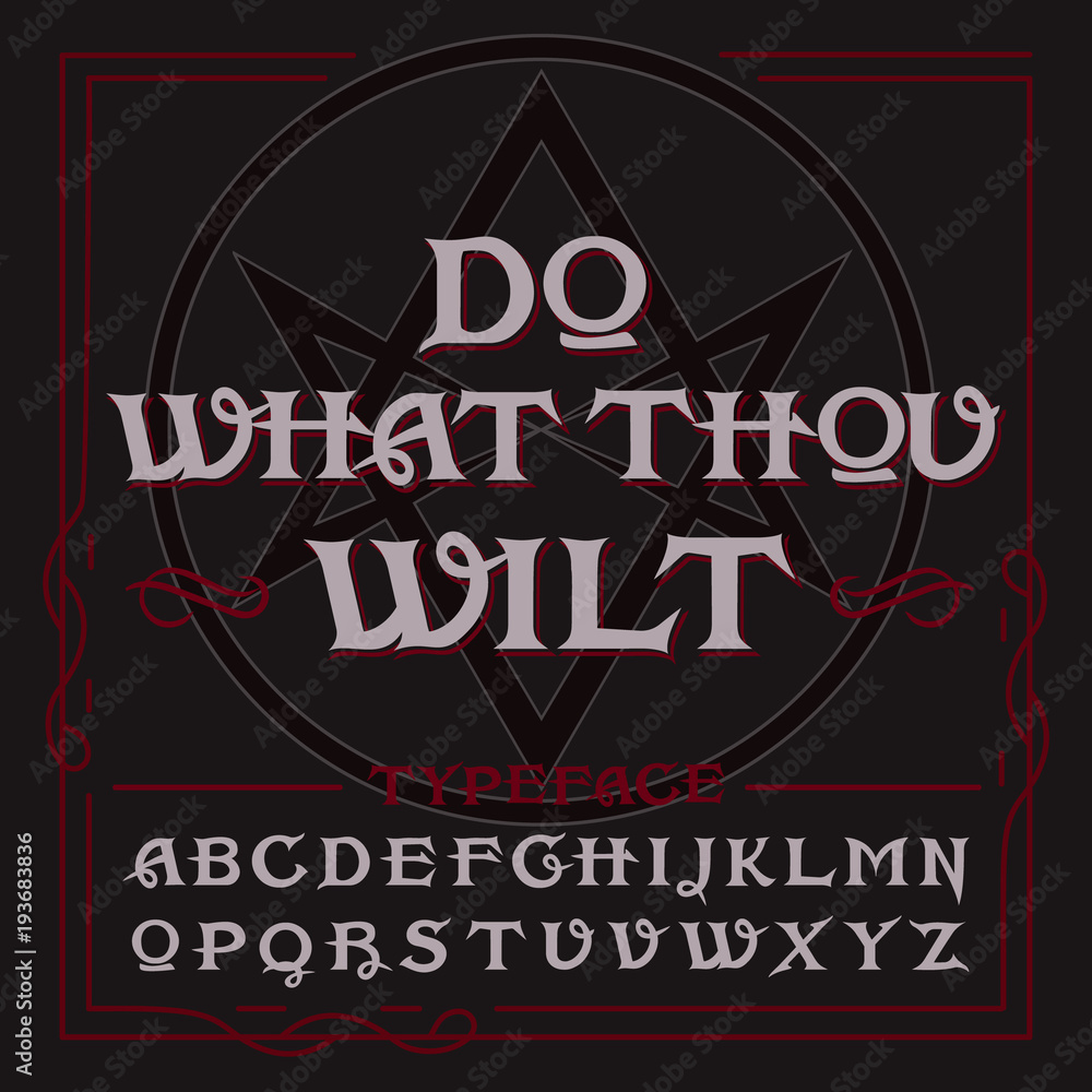 Occult typeface in retro style with vintage elements, thelema hexagram ...