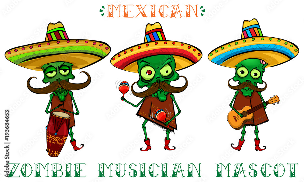 Mexican zombie musicians mascot. Cartoon zombies with music instruments ...