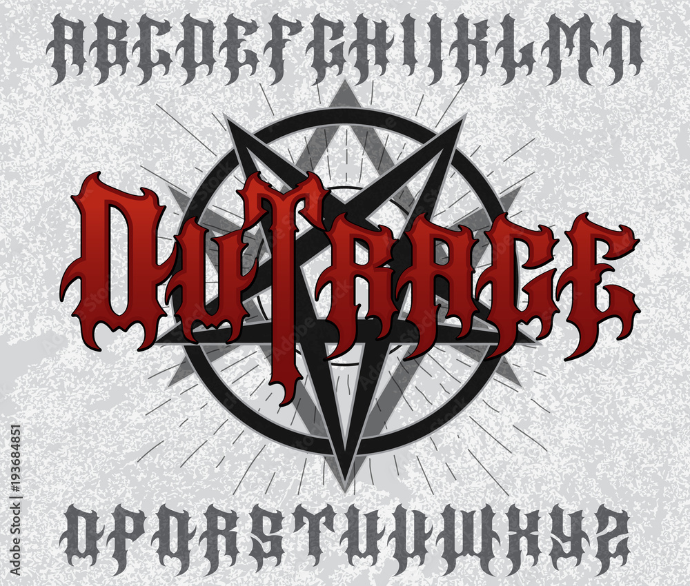 "Outrage" typeface. Stylish evil font set with star rays, pentagram and ...