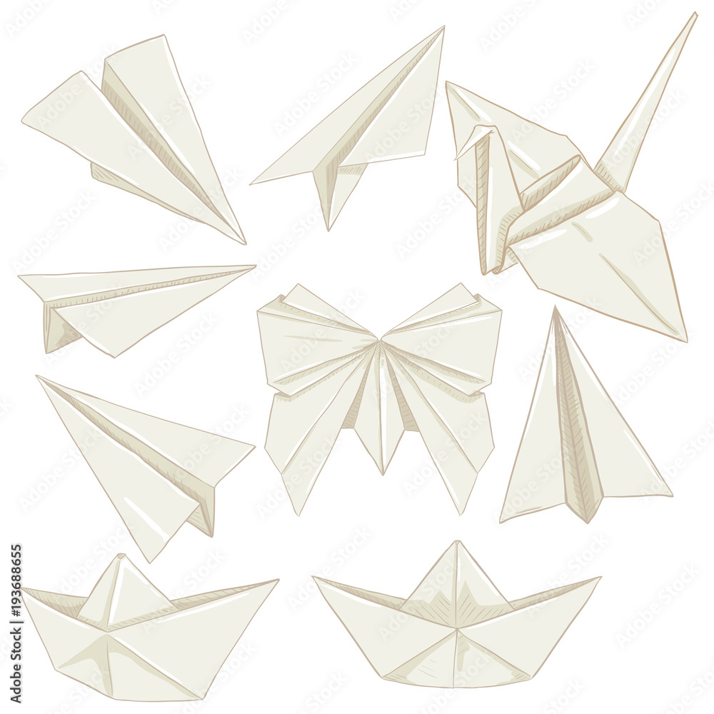 Vector Set of Cartoon Origami Paper Objects. Planes, Boats, Butterfly ...