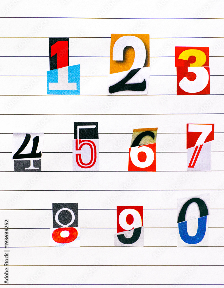 Ten numbers made from half numbers cutting from magazines on lined ...
