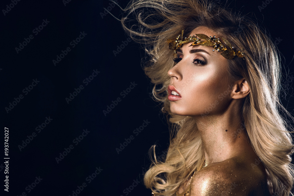 Gold Woman skin close up portrait. Beauty fashion model girl with ...