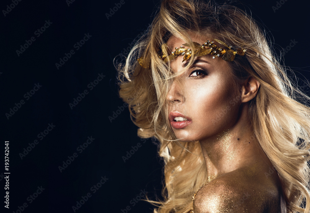 Gold Woman skin close up portrait. Beauty fashion model girl with ...