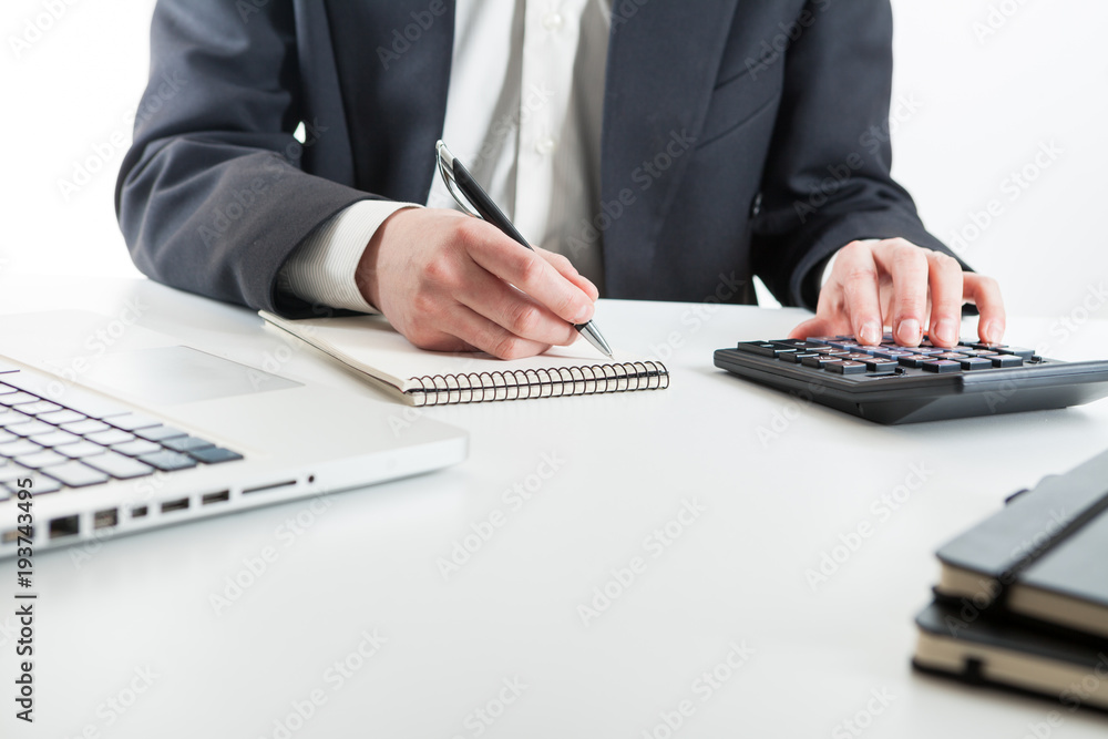 Close up view of bookkeeper or financial inspector hands making report ...