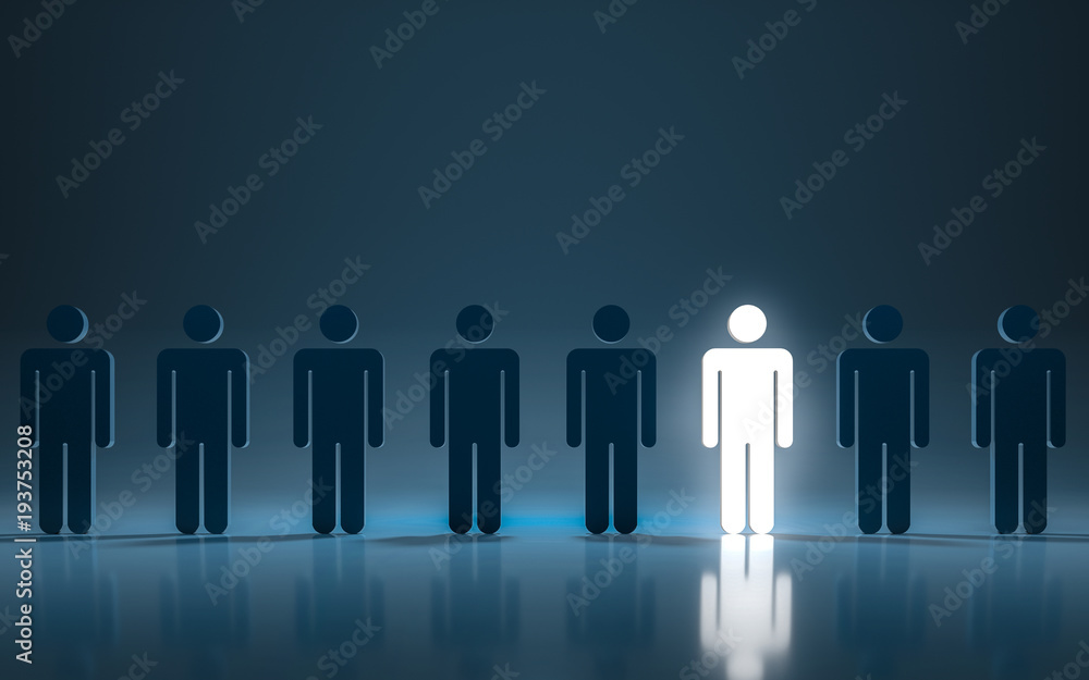 Stand out different concept. One glowing light man standing with other ...