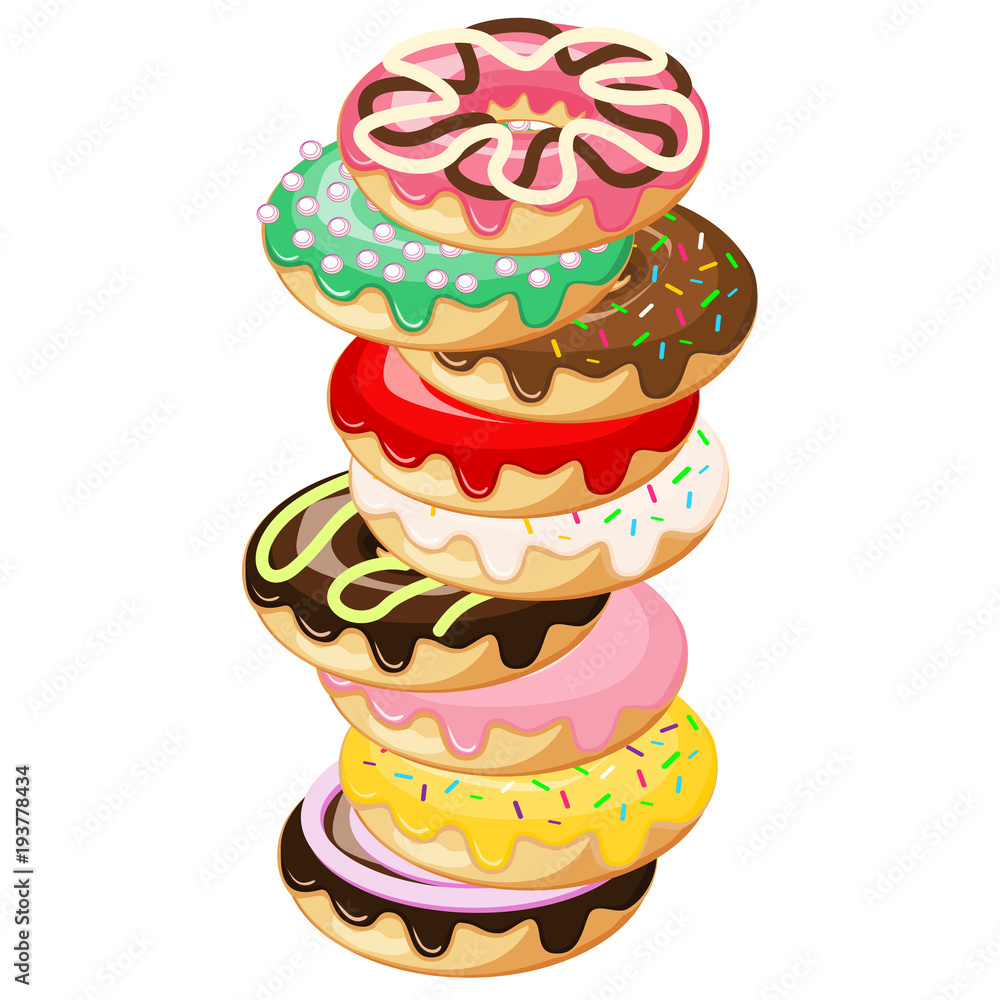 Stack of Donuts. Donut with mint green frosting and pink strawberry ...