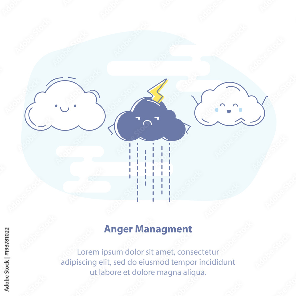 Anger management. White fluffy cute happy clouds and angry lightning ...