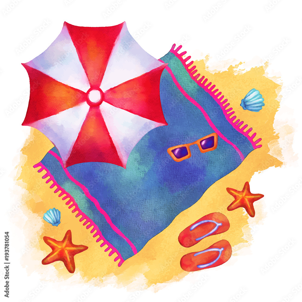 Watercolor Summer Beach Cartoon Illustration Stock Vector Adobe Stock