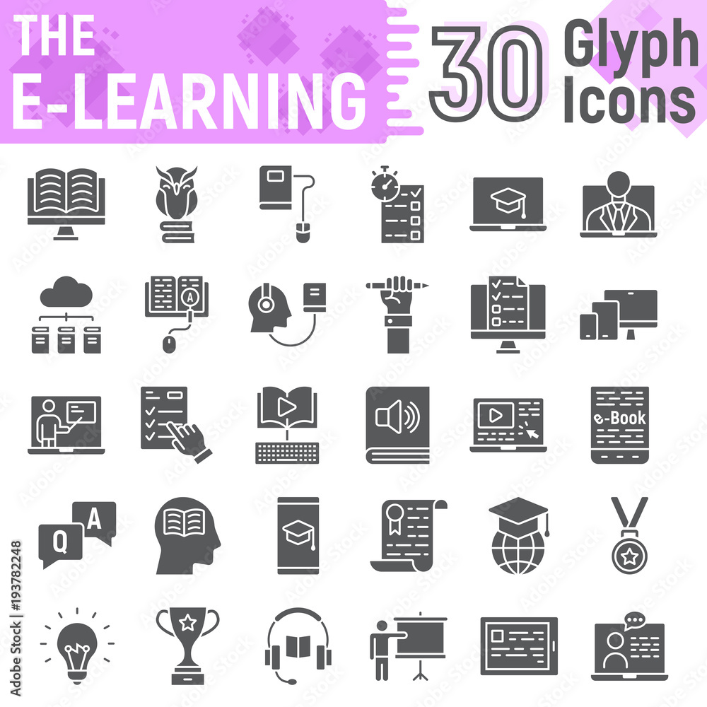 E Learning glyph icon set, Online education symbols collection, vector ...