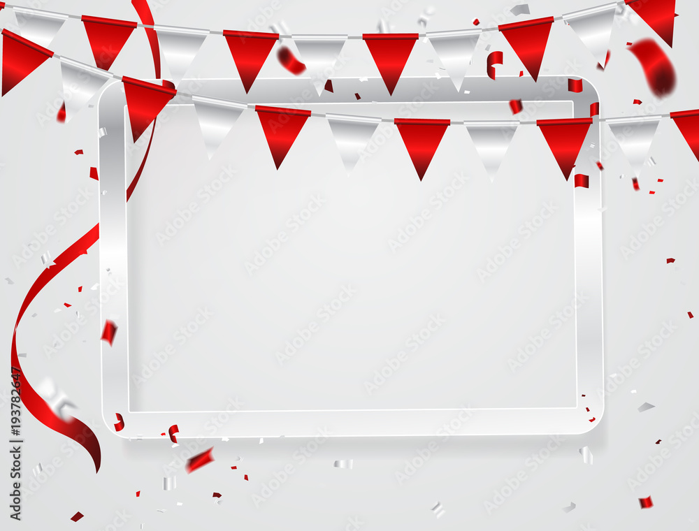 Celebration background frame template with confetti and red ribbons ...