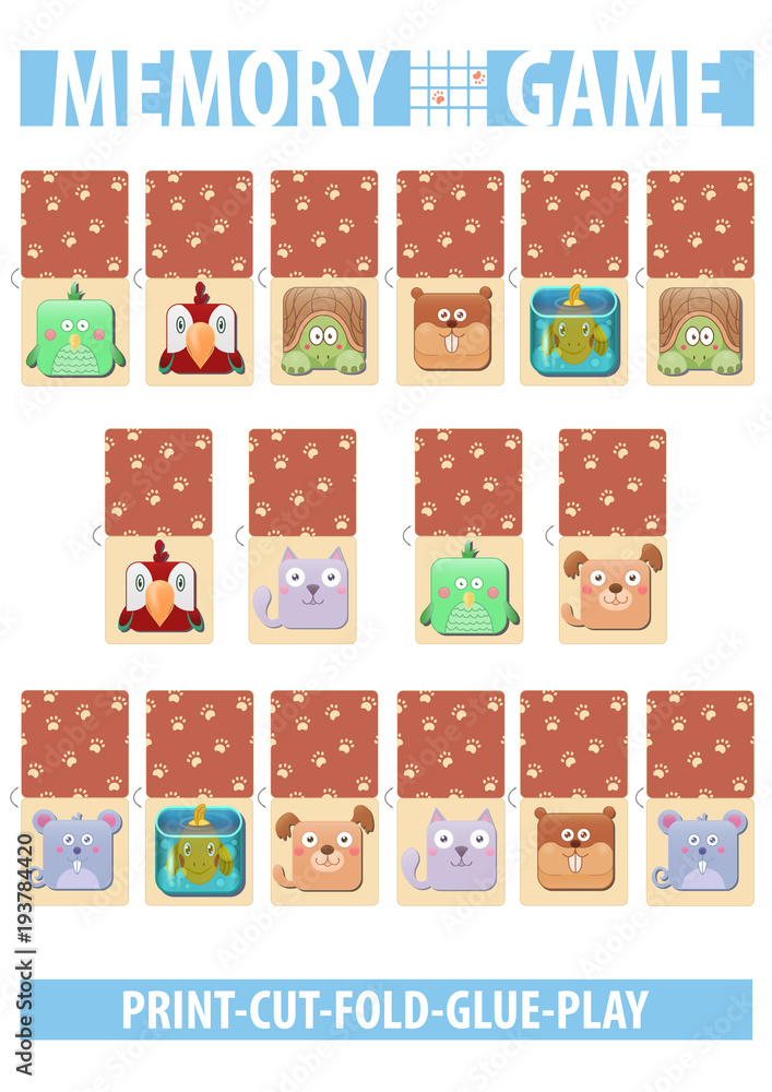 Memory card game with cartoon animals. Different domestic pets. Print ...