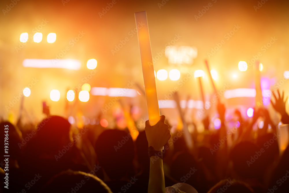 Crowd of concert stage lights and people fan audience silhouette ...