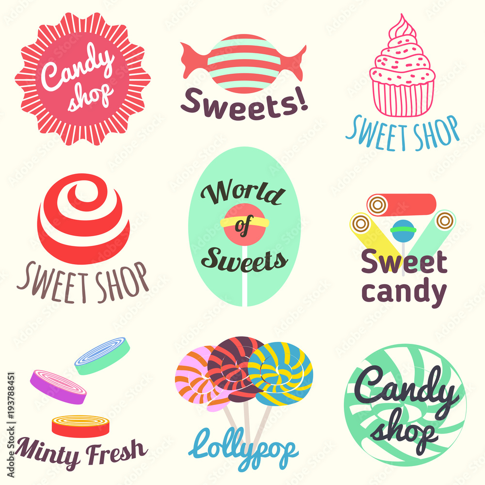 Vector set of emblems and labels for candy and sweets shops and stores ...