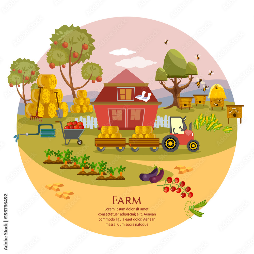 Farm agriculture landscape set. Farmer products, fresh farm vegetables natural food cartoon ...