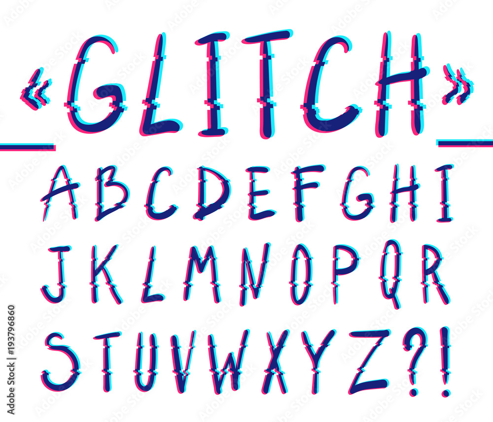 Distorted font. Glitch handwritten alphabet on white background with ...