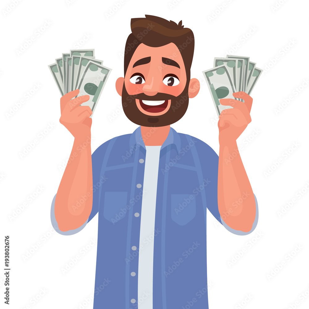 Joyful man with banknotes of money in his hands. The concept of wealth ...