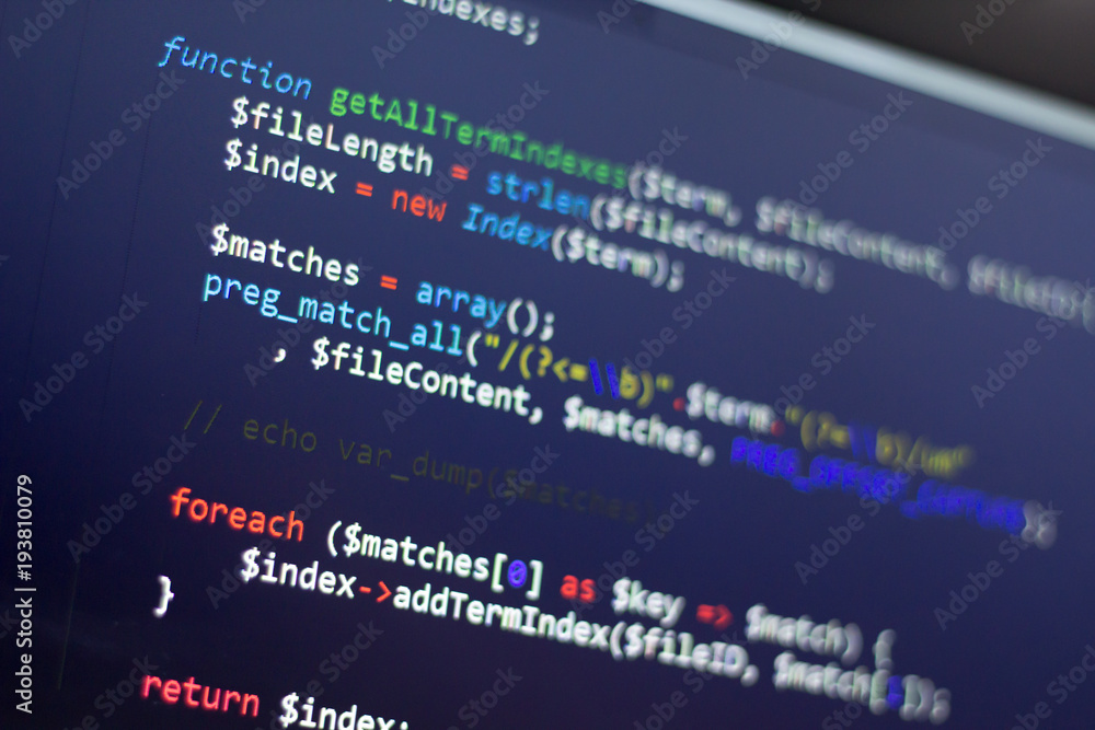 PHP back-end code. Computer programming source code. Abstract screen of web developer. Digital ...