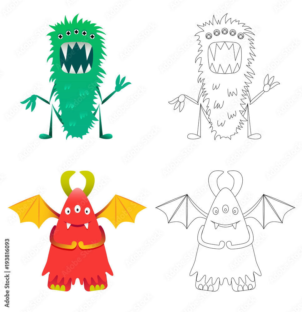Childrens coloring page with funny cartoon monsters Stock Vector ...