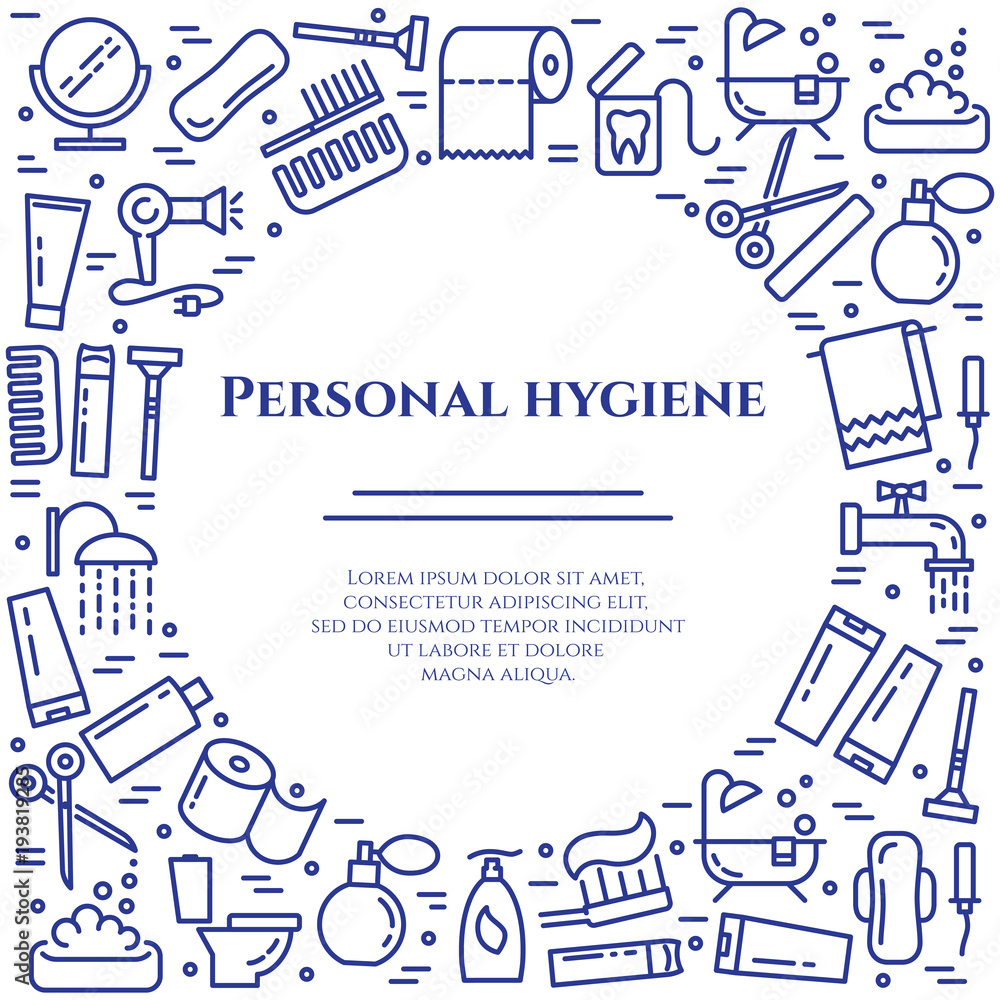 Personal hygiene blue line banner. Set of elements of shower, soap ...