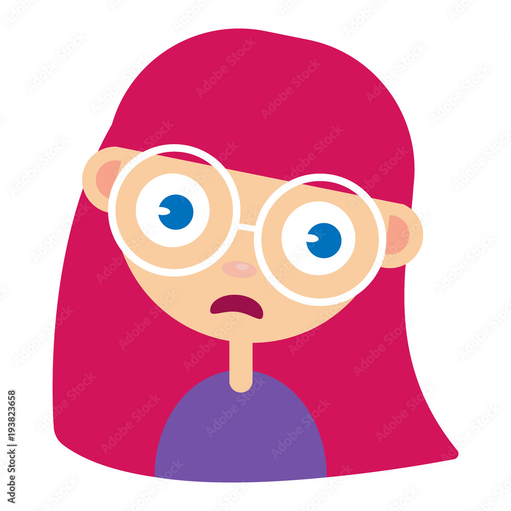 Teen girl face, upset, confused facial expression, cartoon vector ...