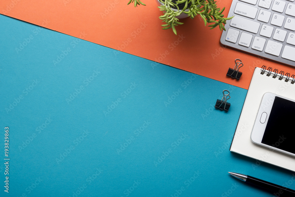 Office desk table with supplies. Flat lay Business workplace and ...