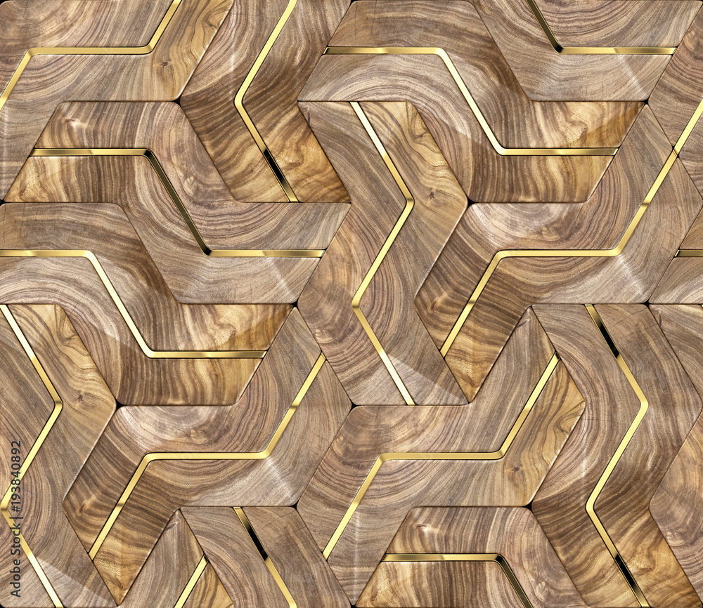 Geometric wood design 3d panels with gold decor Stock Photo | Adobe Stock