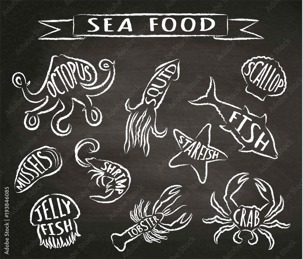 Seafood chalk contour vector illustrations on blackboard, elements for ...