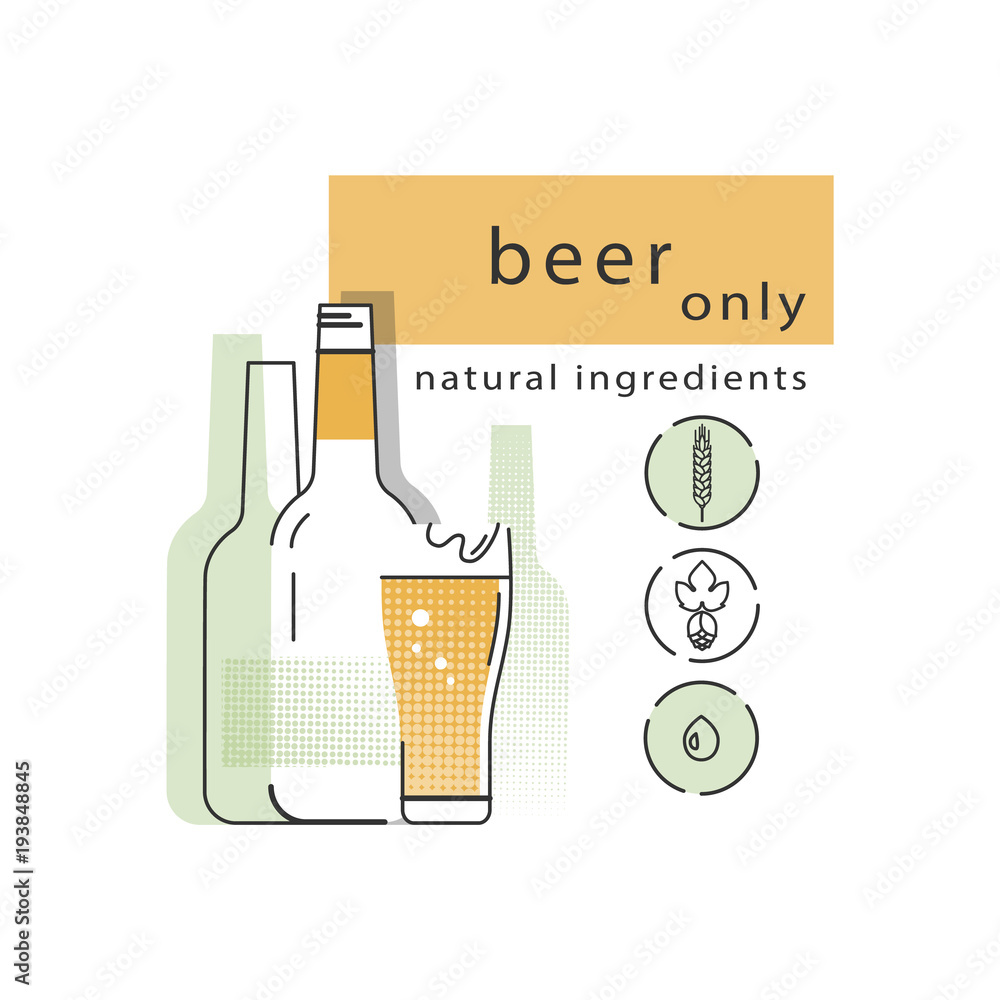 Beer bottle and a glass with a drink. Vector linear icons with ...