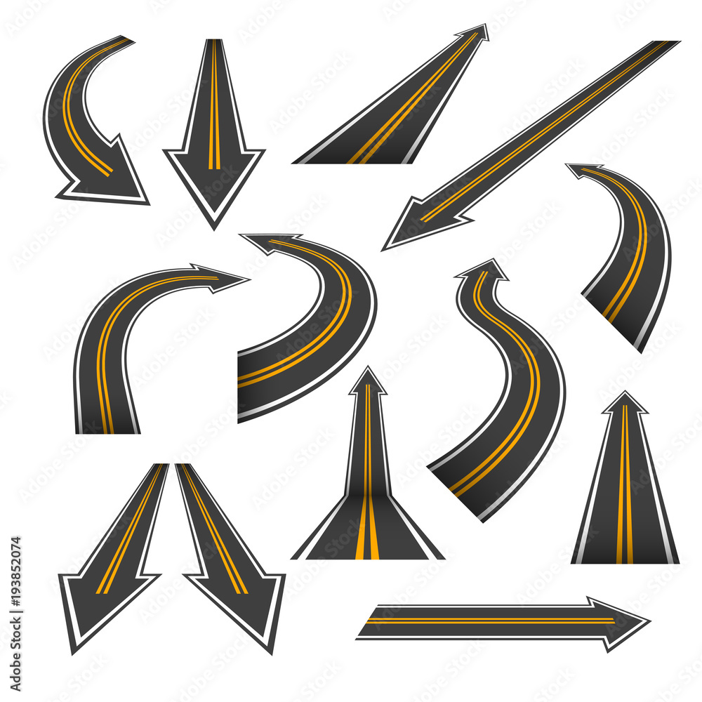 Road arrow set. Arrow roads with yellow markings, an illustrations in a ...