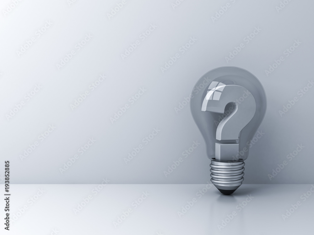 ภาพประกอบสต็อก Question mark in glass light bulb on white background ...