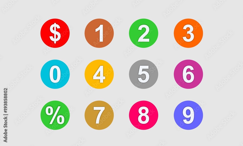 set icon number 0 - 9 , % $. round colorful design. Stock Vector ...