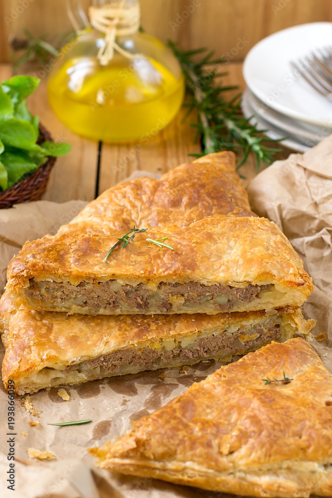 Meat pie with puff pastry, minced beef and potatoes Stock Photo | Adobe ...
