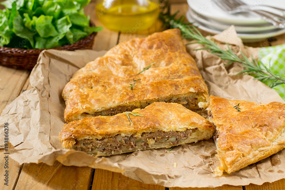 Meat pie with puff pastry, minced beef and potatoes Stock Photo | Adobe ...