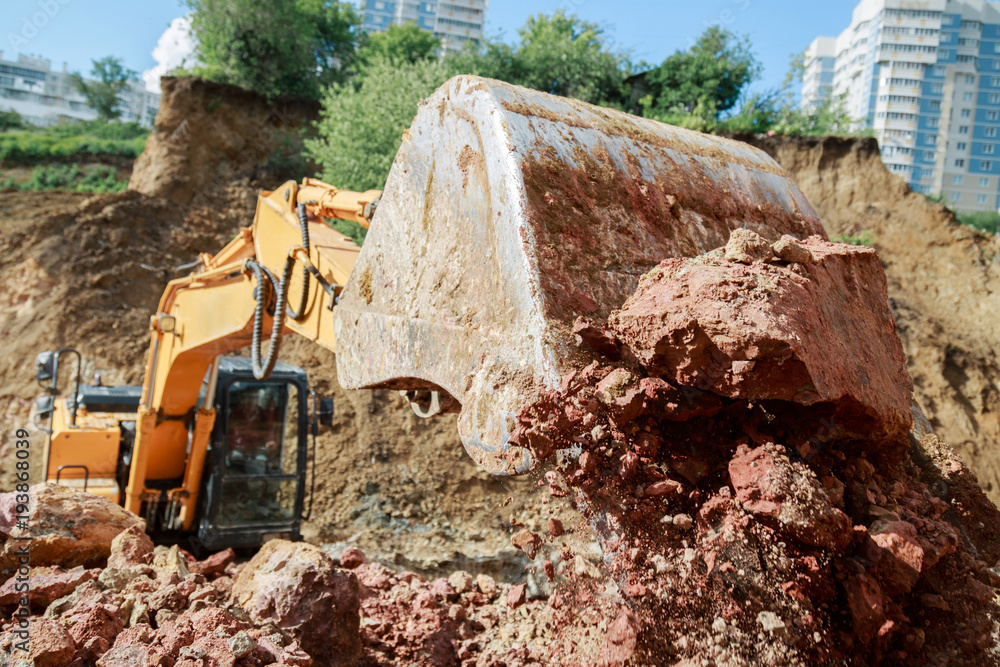 Excavator bucket close-up. Strength and power of the construction ...