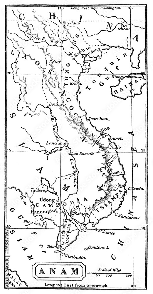 victorian engraving of a map of Siam, or modern Southeast Asia Stock ...