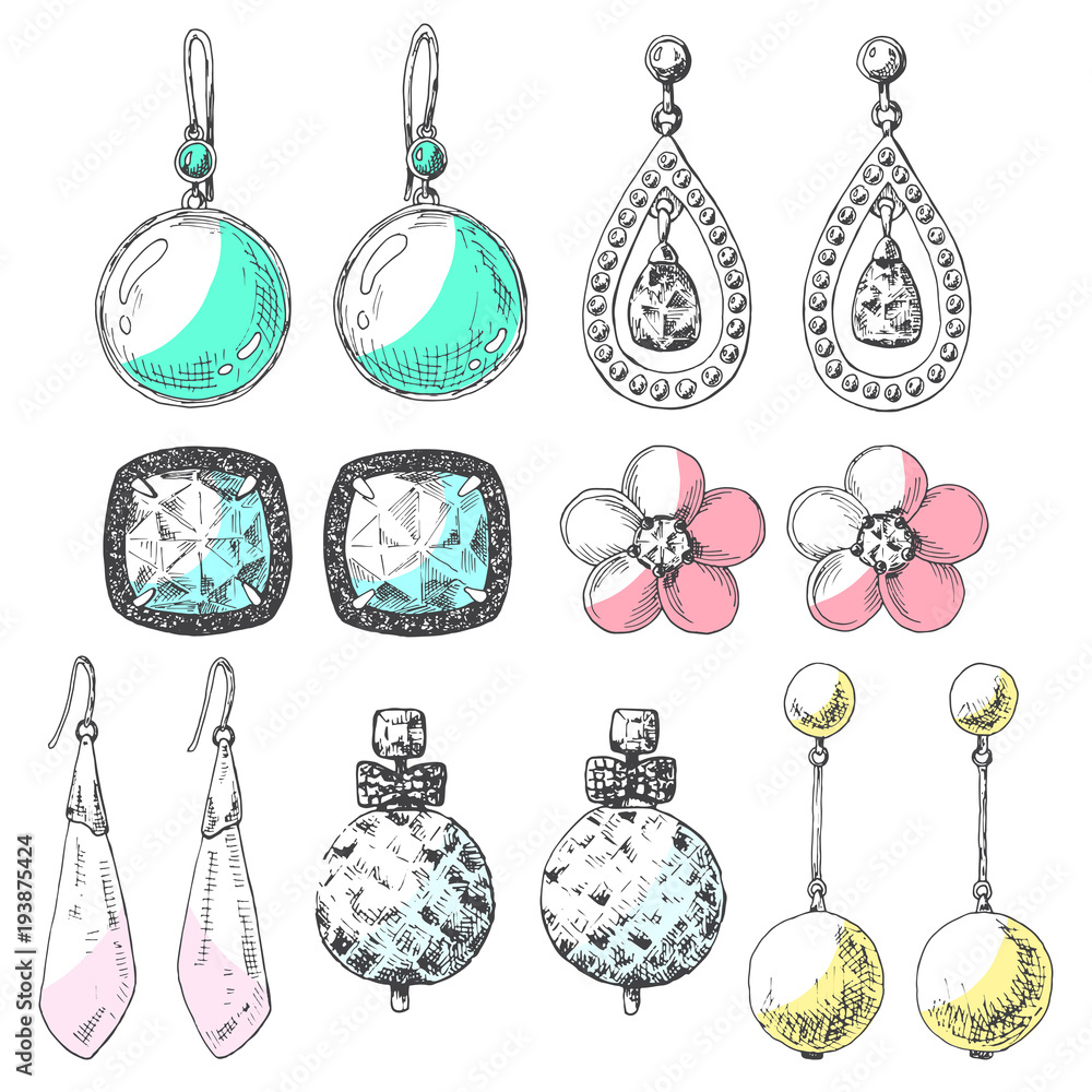 Hand drawn earrings set. Icons in a sketch style. Vector illustration ...