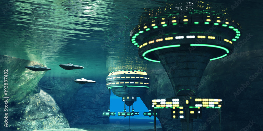 Underwater Alien Cave - Several spaceships leave an underwater alien ...