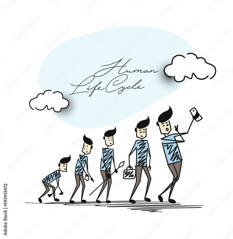 Human life cycle at different centuries, Cartoon Hand Drawn Sketch ...