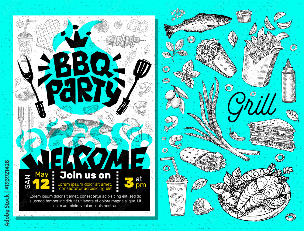 BBQ party Food poster. Barbecue template menu invitation flyer design ...