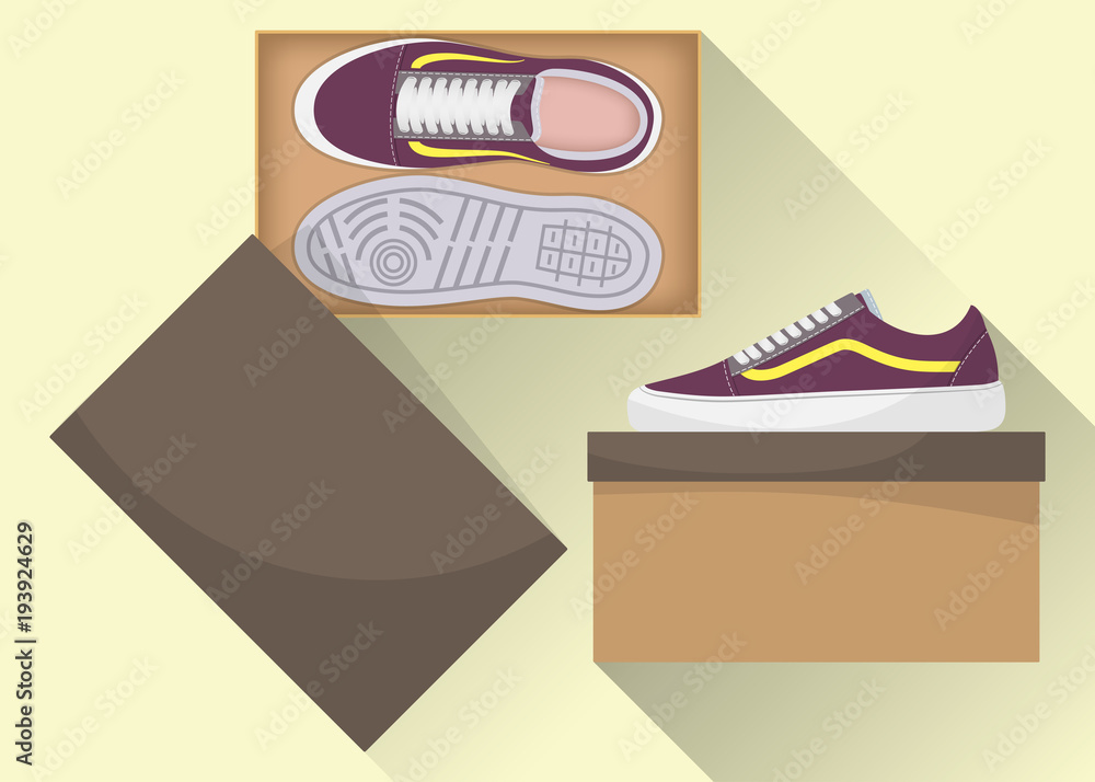 Stylish modern sneakers in box, side and top view. Sneakers in a shoe ...