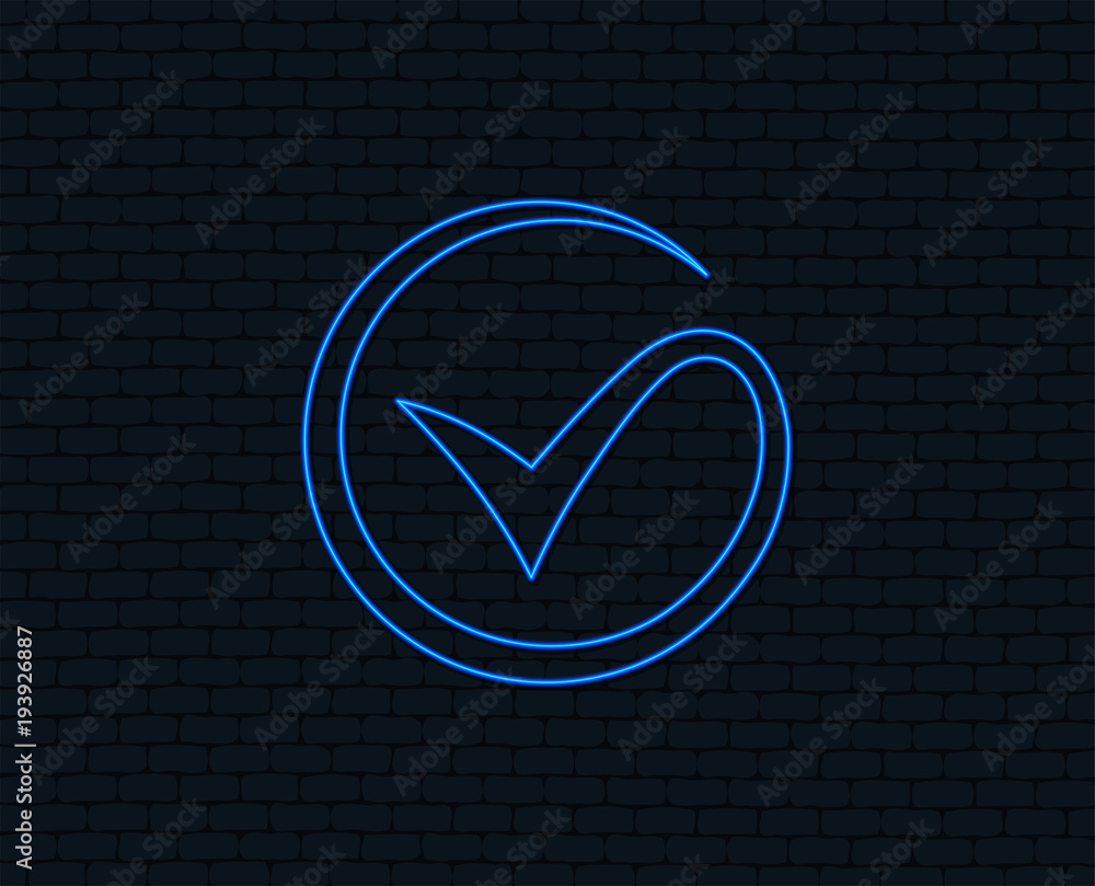 Neon light. Tick sign icon. Check mark symbol. Glowing graphic design ...