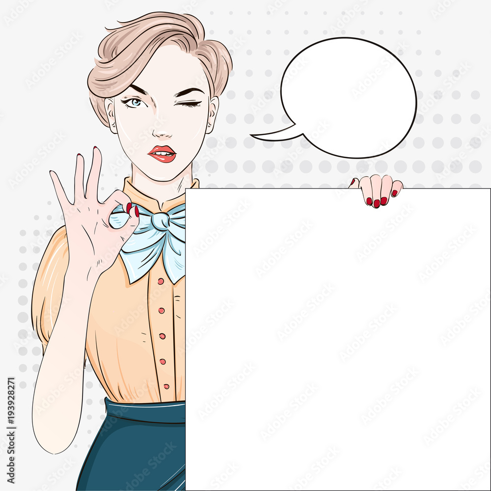 Pop Art Vintage advertising poster comic girl in blouse holds a white ...