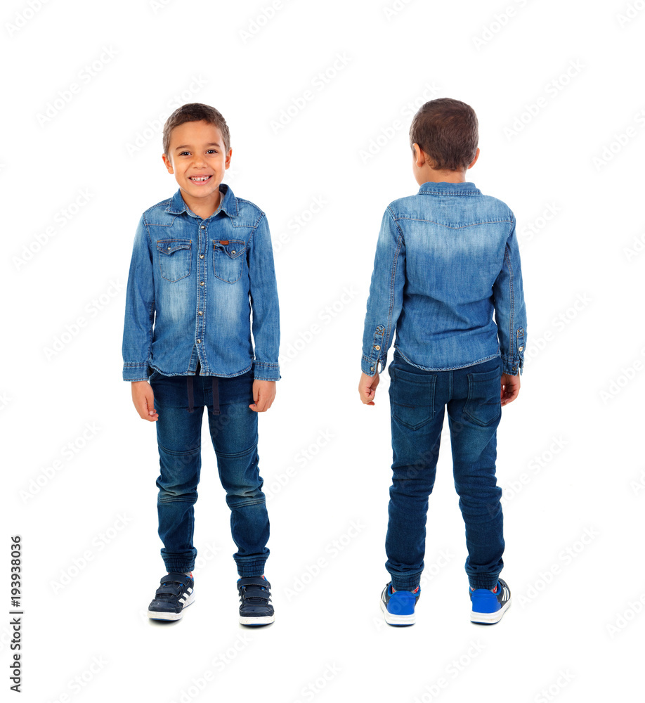 Front and back view of a children with denim clothes Stock Photo ...