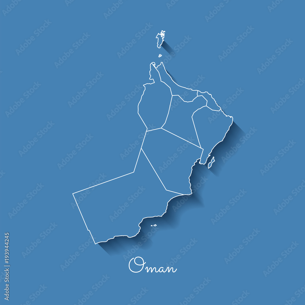 Oman region map: blue with white outline and shadow on blue background ...