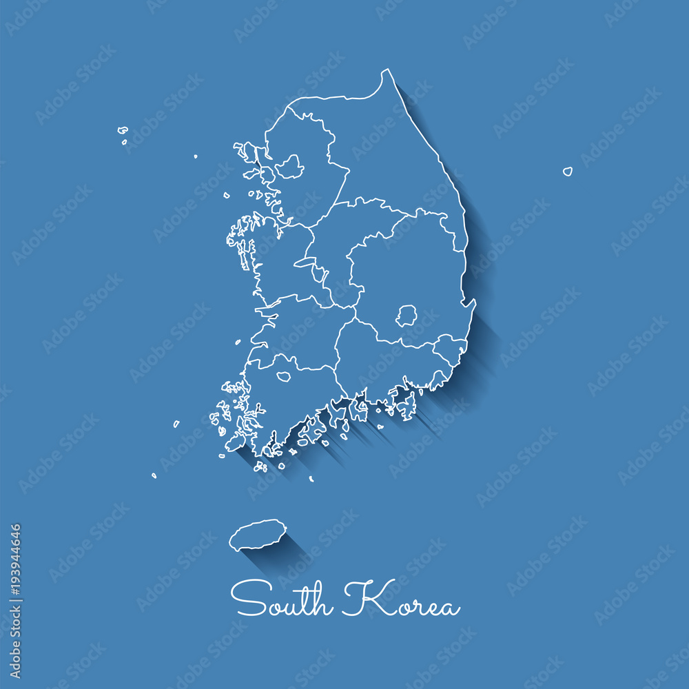 South Korea region map: blue with white outline and shadow on blue ...