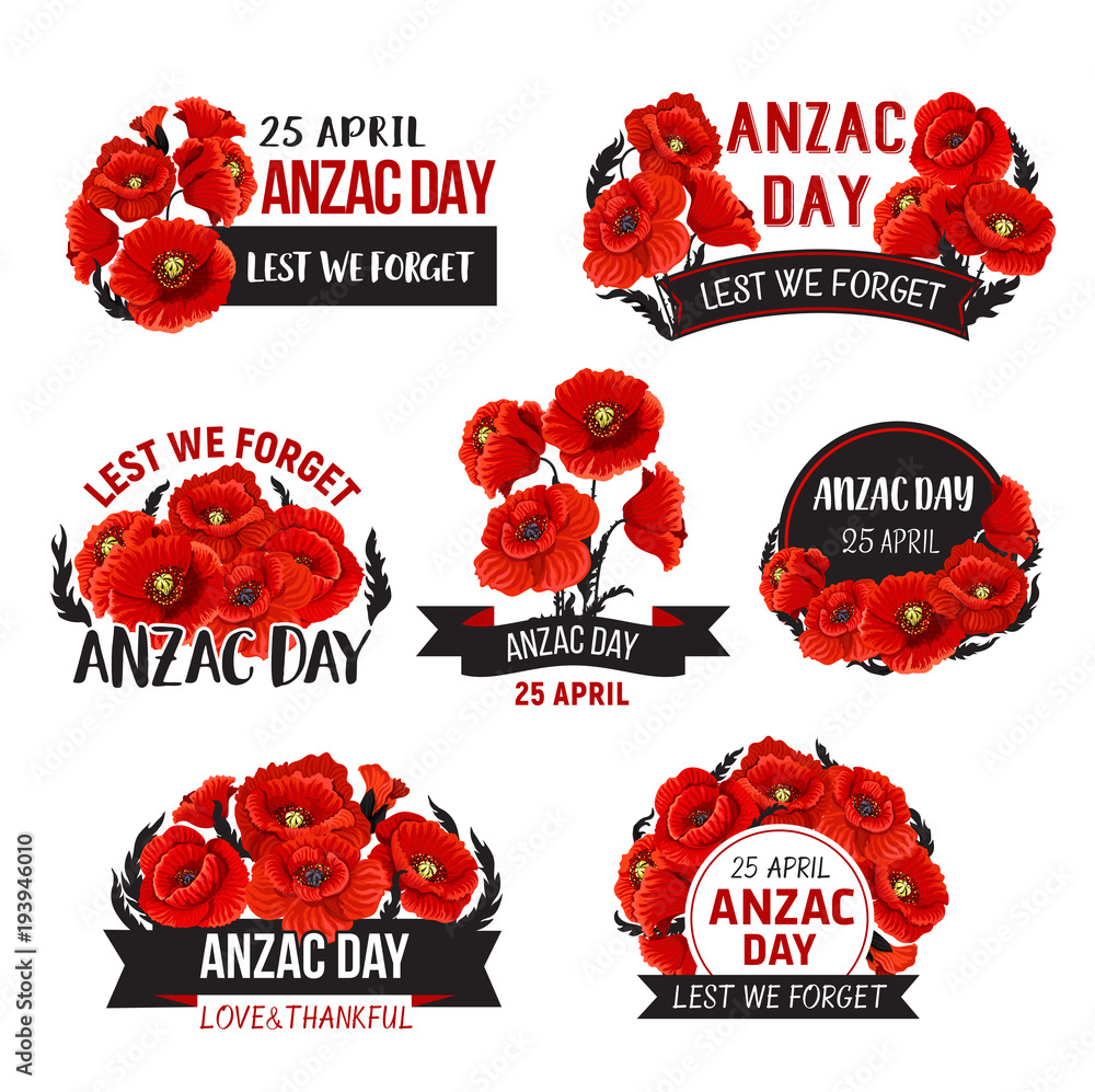 Poster Anzac Day Lest We Forget poppy vector ribbons icons – Wall Art ...