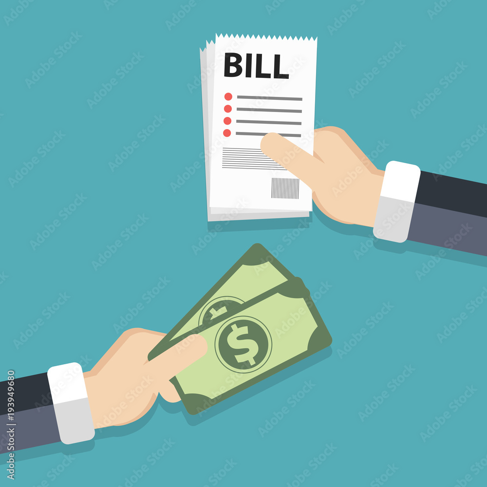 Paying bills concept. One hand giving receipt bill and another hand ...